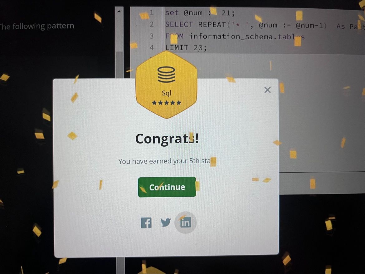 sonali jain on LinkedIn: Earned 5th star in SQL in HackerRank. 🏆 Day by ... sonali jain on LinkedIn: Earned 5th star in SQL in HackerRank. 🏆 Day by ...