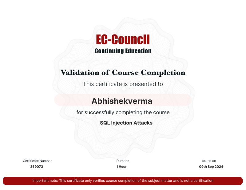 Finished SQL Injection course with EC-Council | Abhishek Verma posted ... Finished SQL Injection course with EC-Council | Abhishek Verma posted ...