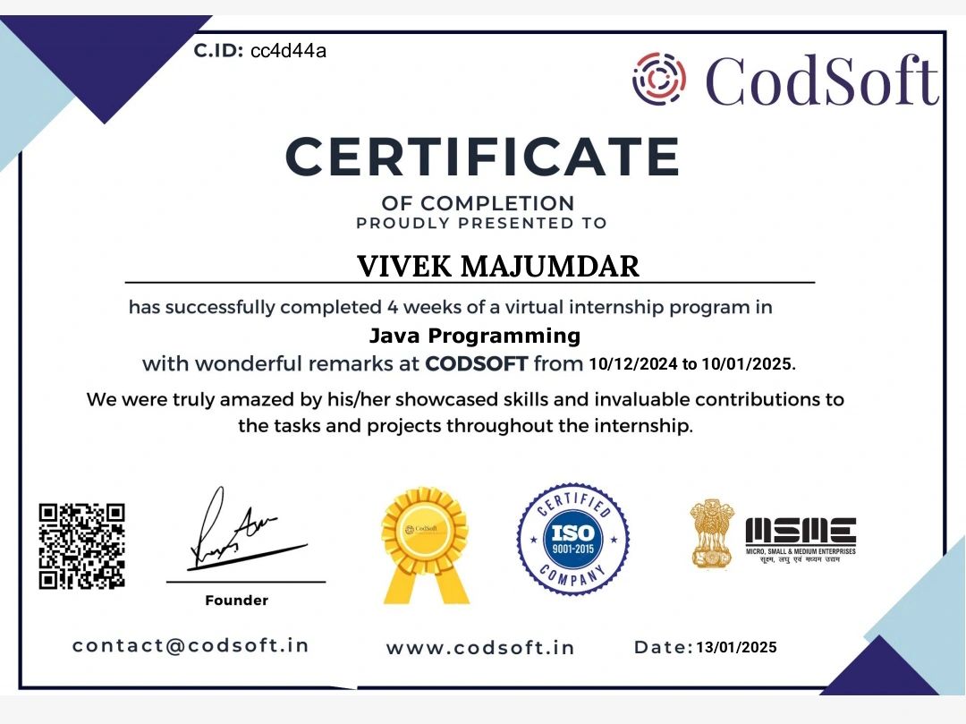 Internship Completed @CodSoft | VIVEK MAJUMDAR Internship Completed @CodSoft | VIVEK MAJUMDAR
