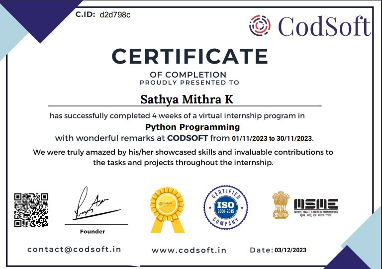 Sathya Mithra K on LinkedIn: #pythonprogramming #codesoft # ... Sathya Mithra K on LinkedIn: #pythonprogramming #codesoft # ...