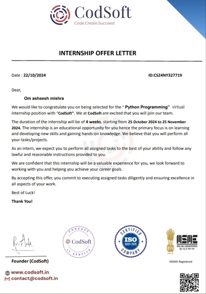 Om Mishra on LinkedIn: #internship #python #codsoft #programming # ... Om Mishra on LinkedIn: #internship #python #codsoft #programming # ...