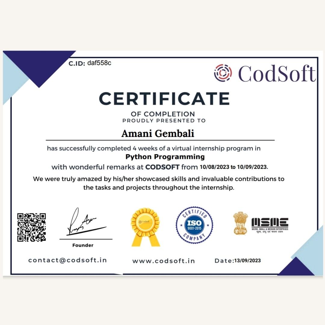 Amani Gembali on LinkedIn: #pythonprogramming #certification # ... Amani Gembali on LinkedIn: #pythonprogramming #certification # ...