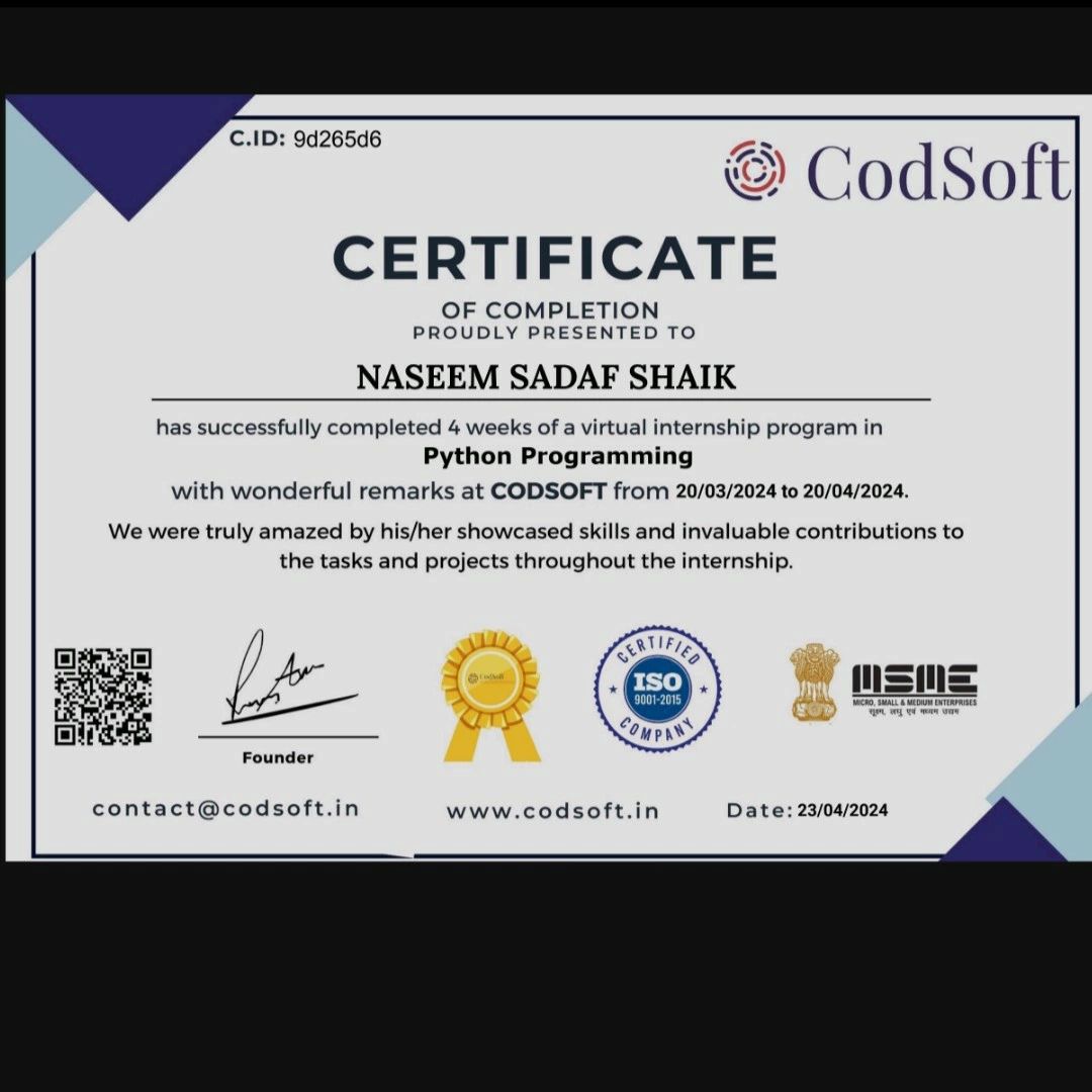 #codsoft #pythonprogramming #internshipcompletion | NASEEM SADAF SHAIK #codsoft #pythonprogramming #internshipcompletion | NASEEM SADAF SHAIK
