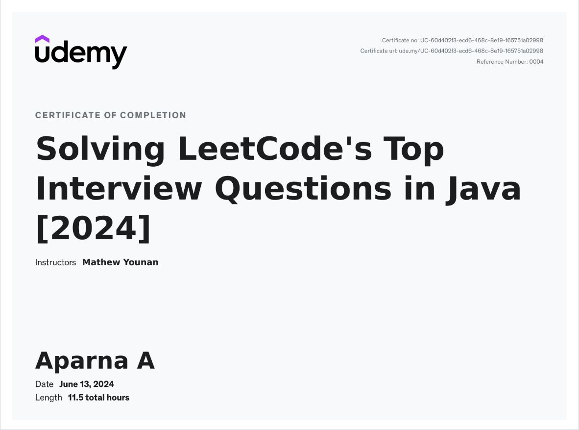 Completed LeetCode's Top Interview Questions on Udemy | APARNA ... Completed LeetCode's Top Interview Questions on Udemy | APARNA ...