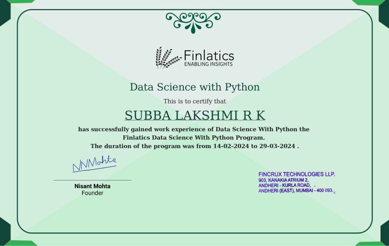 Subba Lakshmi R K on LinkedIn: #datascience #finlatics #python Subba Lakshmi R K on LinkedIn: #datascience #finlatics #python