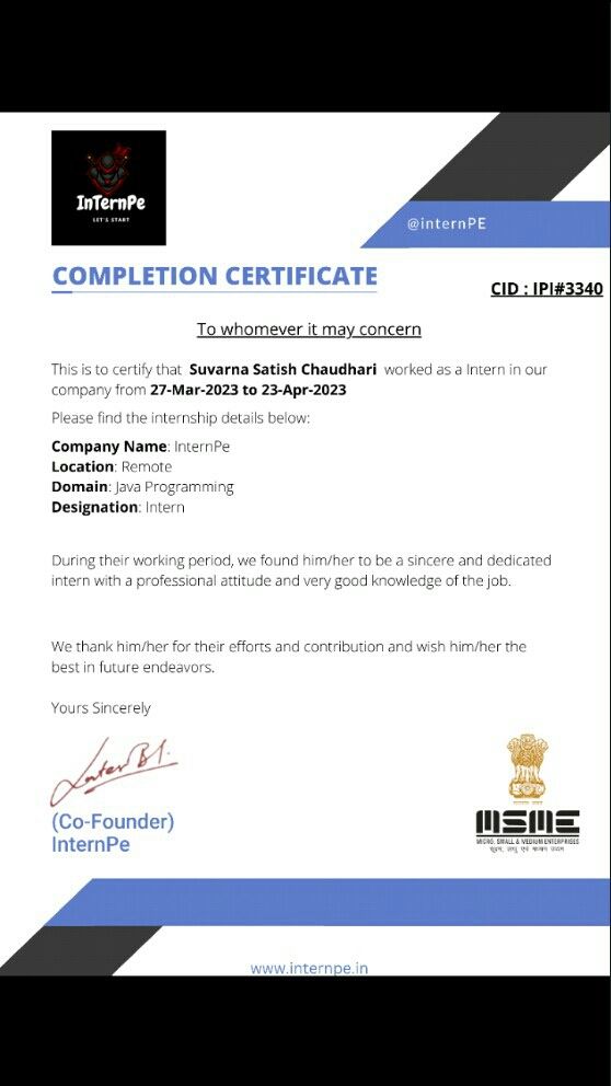 Suvarna Chaudhari on LinkedIn: #internpe #internship #java Suvarna Chaudhari on LinkedIn: #internpe #internship #java