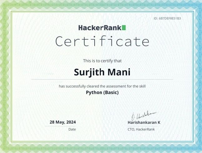 Surjith Mani on LinkedIn: Completed HackerRank python skill test. Surjith Mani on LinkedIn: Completed HackerRank python skill test.
