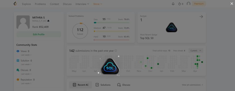 #leetcode #sql50 #sql #dbms #coding #datascience #achievement | Mithra S #leetcode #sql50 #sql #dbms #coding #datascience #achievement | Mithra S