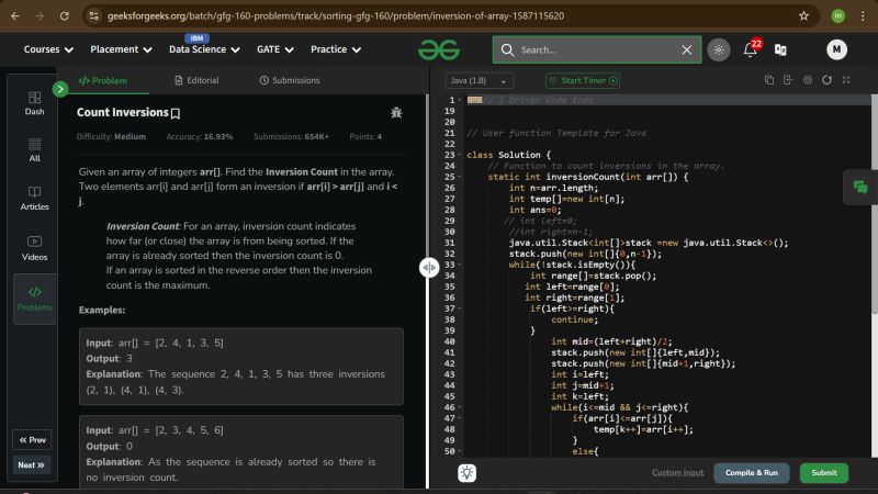 #gfg160daysofcode #java #dsa #problemsolving #inversioncount #mergesort ... #gfg160daysofcode #java #dsa #problemsolving #inversioncount #mergesort ...