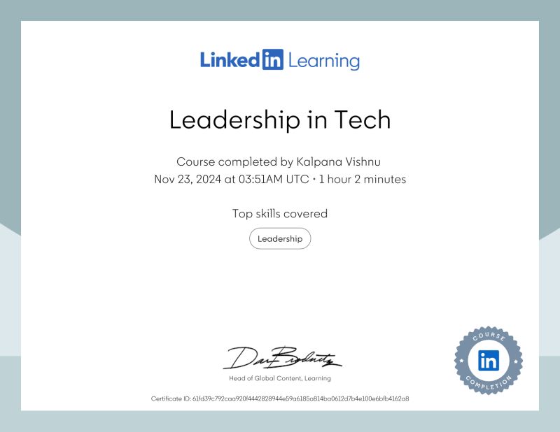 Kalpana Vishnu on LinkedIn: Certificate of Completion Kalpana Vishnu on LinkedIn: Certificate of Completion