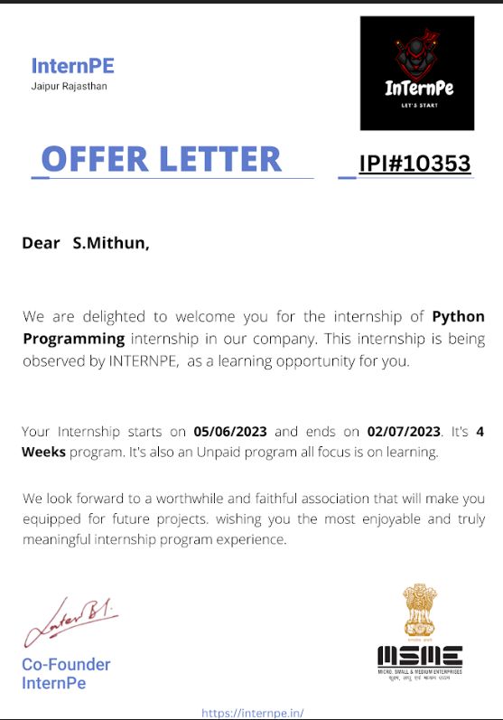 sarvade mithun on LinkedIn: #internpe #internship #pythonprogramming sarvade mithun on LinkedIn: #internpe #internship #pythonprogramming