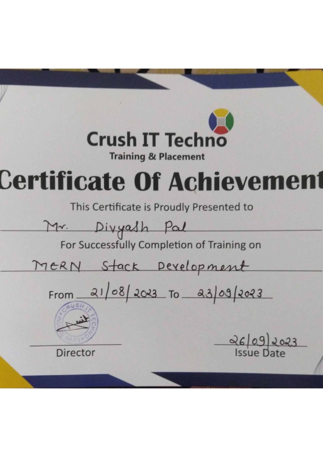 Completed MERN Stack training from Crush IT techno | Divyash Pal posted ... Completed MERN Stack training from Crush IT techno | Divyash Pal posted ...