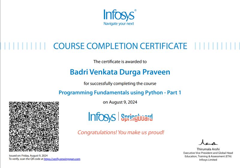 Badri Venkata Durga Praveen on LinkedIn: #infosys # ... Badri Venkata Durga Praveen on LinkedIn: #infosys # ...