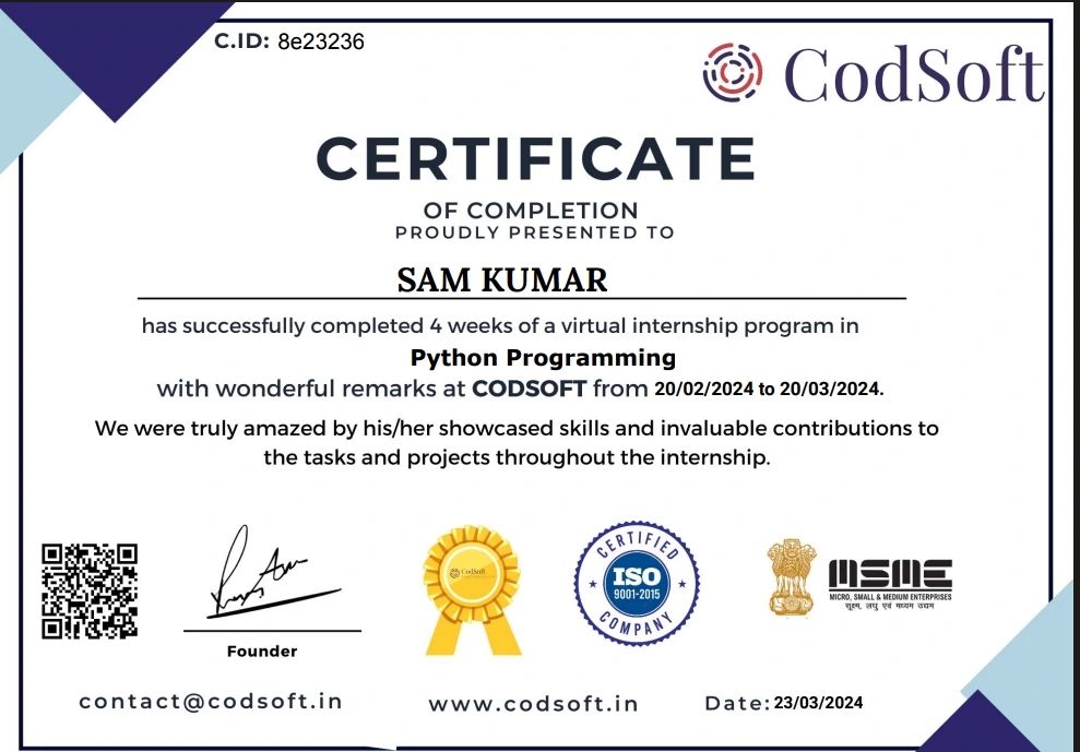 SAM KUMAR on LinkedIn: #codsoft #rmdece #python SAM KUMAR on LinkedIn: #codsoft #rmdece #python