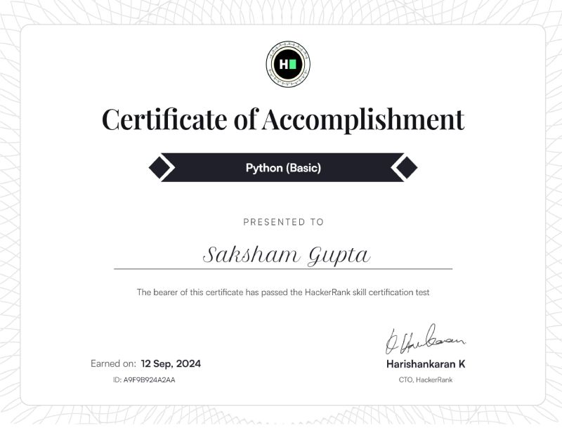 Earned Python certification with HackerRank | Saksham Gupta posted on ... Earned Python certification with HackerRank | Saksham Gupta posted on ...