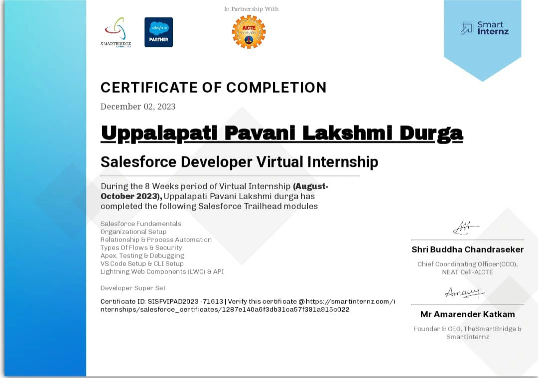 Completed Salesforce Developer Virtual Internship | UPPALAPATI PAVANI ... Completed Salesforce Developer Virtual Internship | UPPALAPATI PAVANI ...