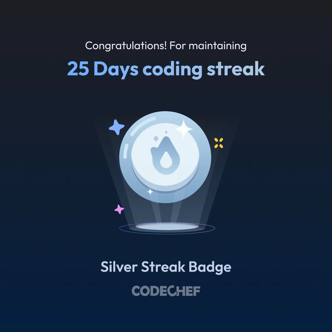 Banothu Raj kumar on LinkedIn: #codechef #coding #silverstreak #25days ... Banothu Raj kumar on LinkedIn: #codechef #coding #silverstreak #25days ...