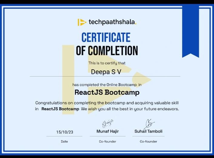 Deepa Venkatesan on LinkedIn: Certificate for the completion of react ... Deepa Venkatesan on LinkedIn: Certificate for the completion of react ...