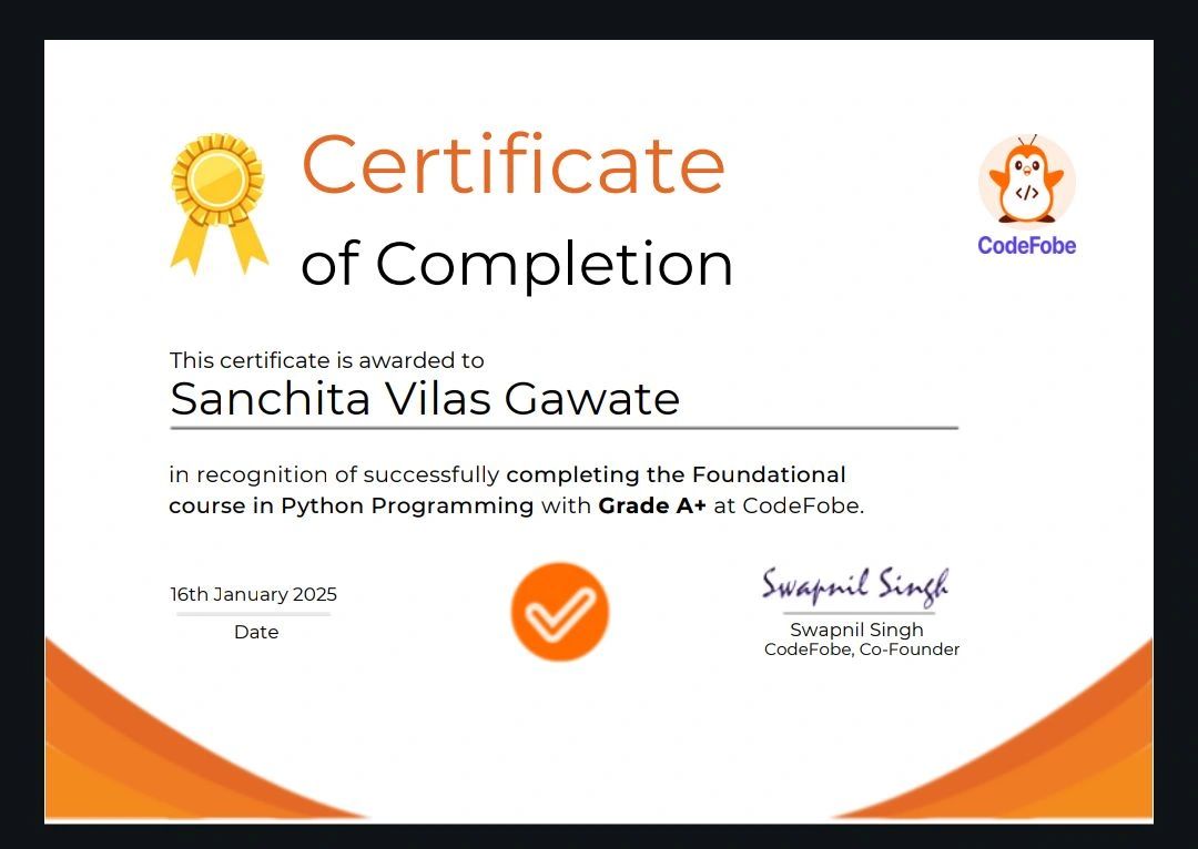 Sanchita Gawate on LinkedIn: Proud to add this Python programming ... Sanchita Gawate on LinkedIn: Proud to add this Python programming ...
