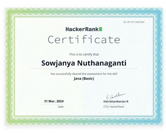 Sowjanya Nuthanaganti on LinkedIn: #java #hackerrank #certificate Sowjanya Nuthanaganti on LinkedIn: #java #hackerrank #certificate