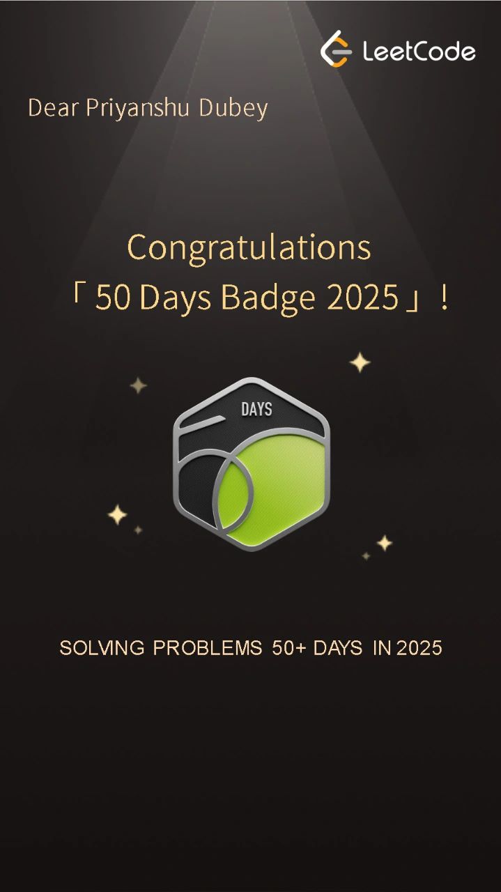 Priyanshu Dubey on LinkedIn: #first50days #leetcode #codingjourney # ... Priyanshu Dubey on LinkedIn: #first50days #leetcode #codingjourney # ...