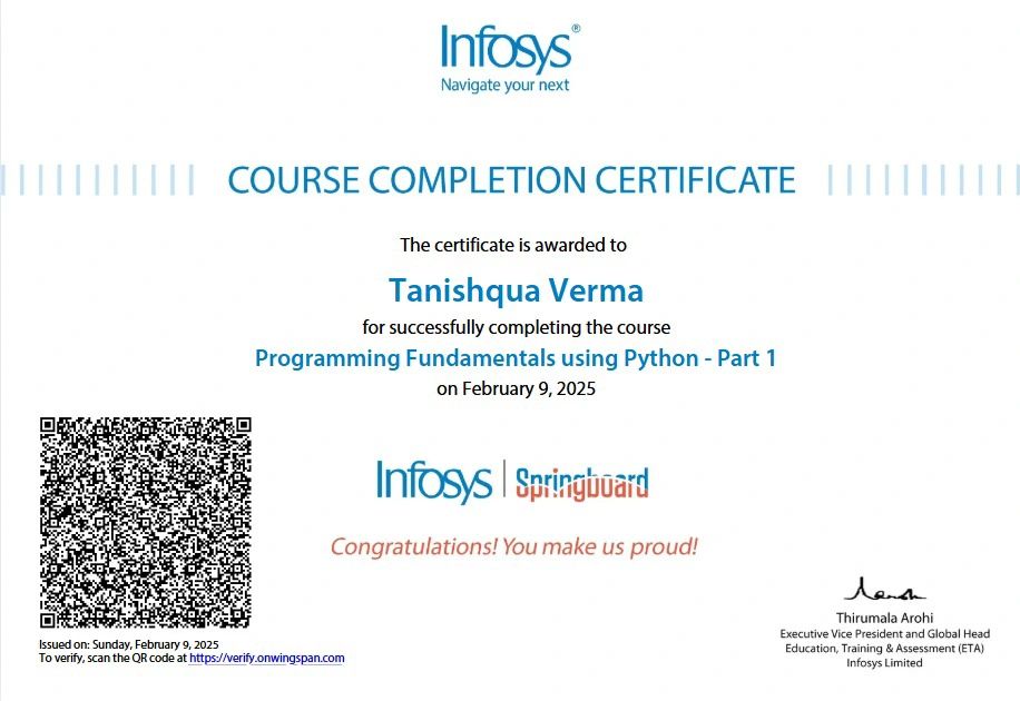 #python #certificatecourse #coding #completed | Tanishqua Verma #python #certificatecourse #coding #completed | Tanishqua Verma
