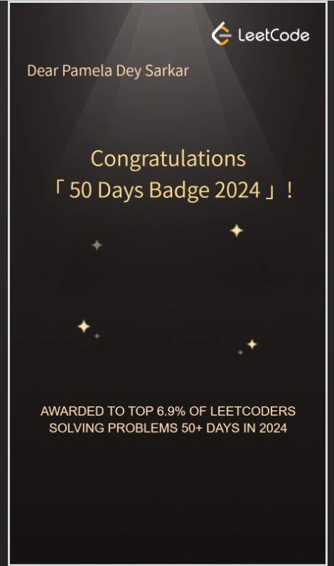 Pamela Dey Sarkar on LinkedIn: #leetcode #codingjourney #consistencypaysoff Pamela Dey Sarkar on LinkedIn: #leetcode #codingjourney #consistencypaysoff