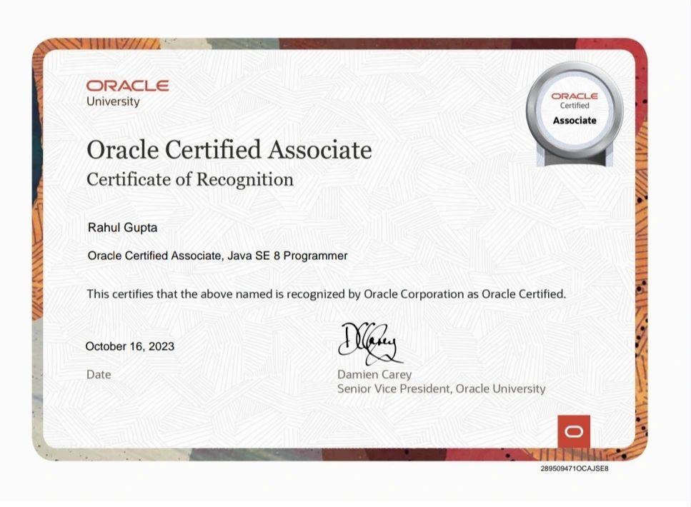 Rahul Gupta on LinkedIn: Successfully completed OCA Java certification.. Rahul Gupta on LinkedIn: Successfully completed OCA Java certification..
