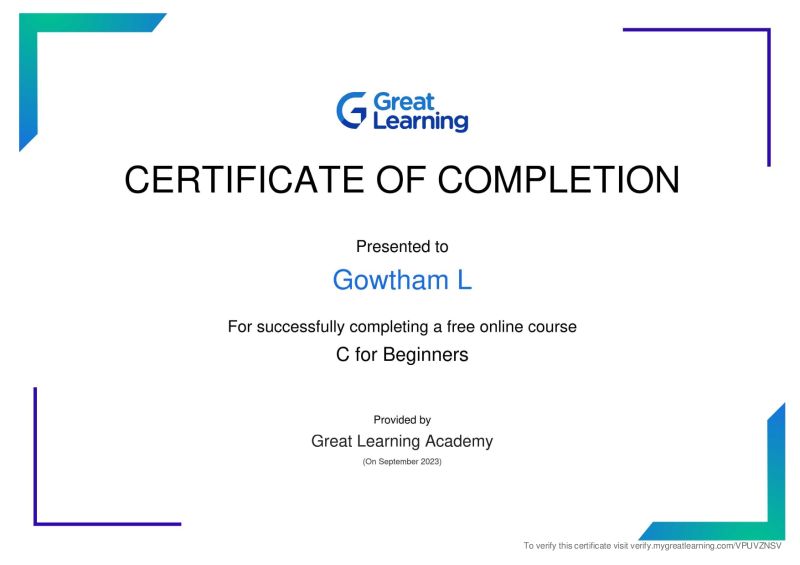 Completed C Programming course on Great Learning app | Gowtham L posted ... Completed C Programming course on Great Learning app | Gowtham L posted ...