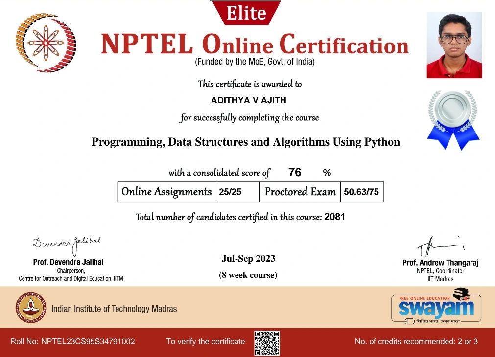 Completed NPTEL course on Python programming | Adithya V Ajith posted ... Completed NPTEL course on Python programming | Adithya V Ajith posted ...