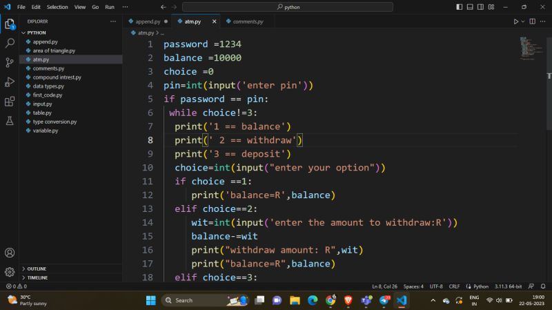 sathvik Mannava on LinkedIn: Atm code using python Kiran Sagar PythonLife sathvik Mannava on LinkedIn: Atm code using python Kiran Sagar PythonLife