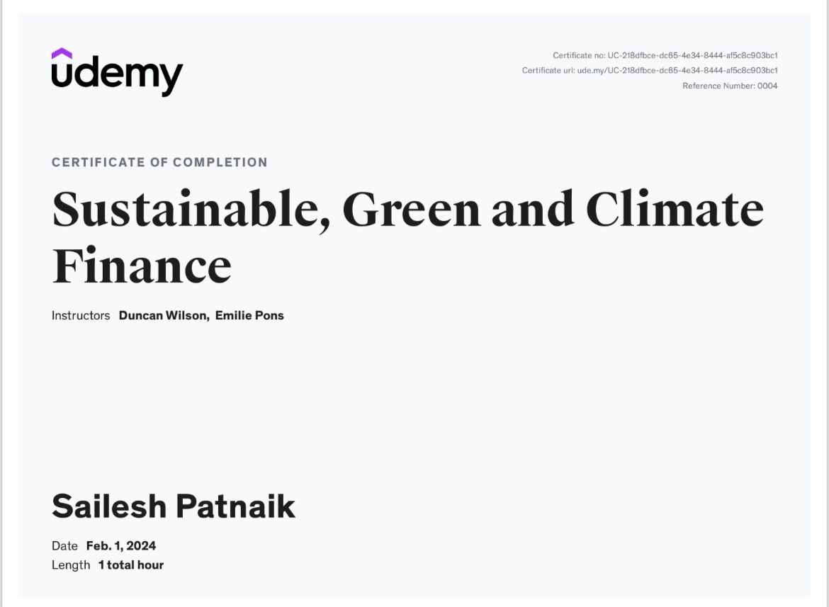 Completed a short course on sustainable, green and climate finance on ... Completed a short course on sustainable, green and climate finance on ...