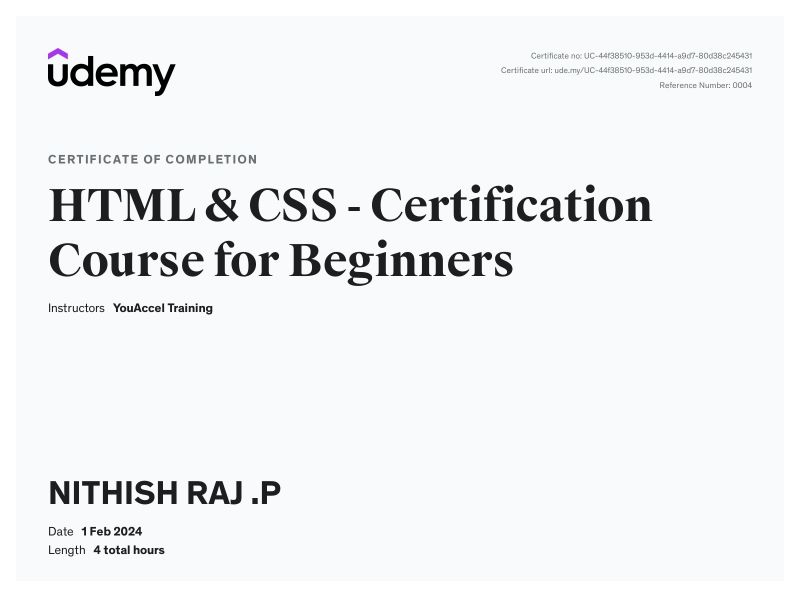 Completed HTML and CSS course on Udemy | Nithish Raj Parthiparaj posted ... Completed HTML and CSS course on Udemy | Nithish Raj Parthiparaj posted ...