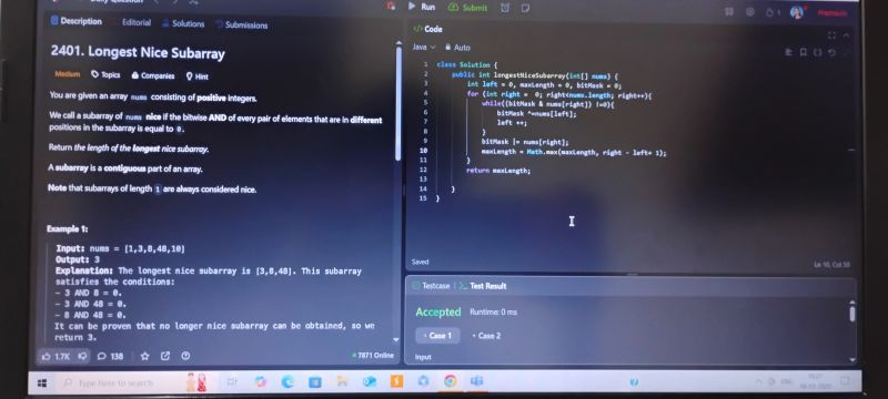 Day 10: Solved LeetCode Problem 2401 - Longest Nice Subarray 🚀 ... Day 10: Solved LeetCode Problem 2401 - Longest Nice Subarray 🚀 ...