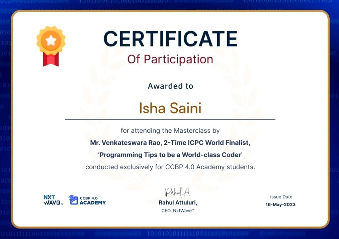#ccbp #nxtwave #icpc #certificate #rahulattuluri | Isha Saini #ccbp #nxtwave #icpc #certificate #rahulattuluri | Isha Saini