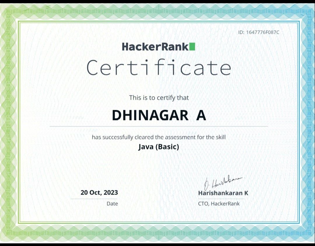 Dhinagar A on LinkedIn: #java #certification #hackerrank #codingskills Dhinagar A on LinkedIn: #java #certification #hackerrank #codingskills