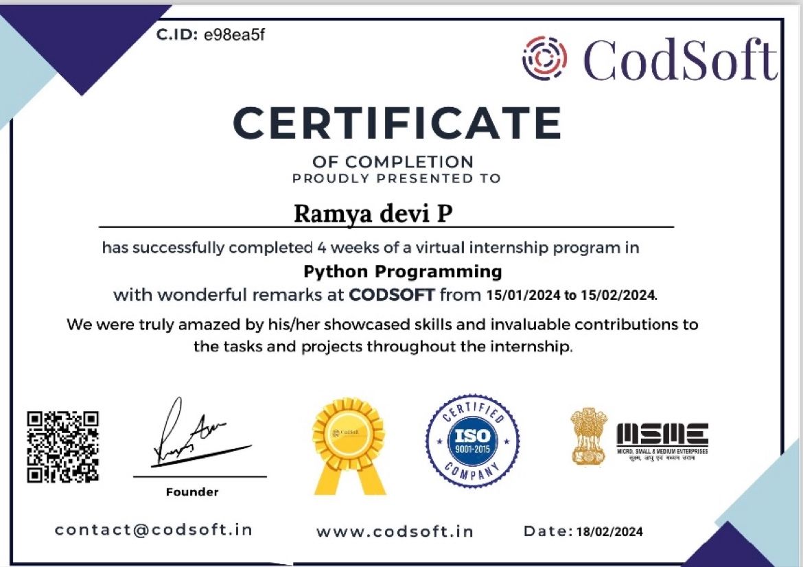 Ramya Devi on LinkedIn: #codsoft #connections #pythonprogramming # ... Ramya Devi on LinkedIn: #codsoft #connections #pythonprogramming # ...