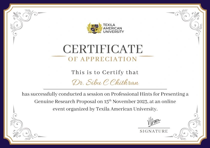 Dr.Sibu C Chithran on LinkedIn: Certificate of Appreciation from Texila ... Dr.Sibu C Chithran on LinkedIn: Certificate of Appreciation from Texila ...