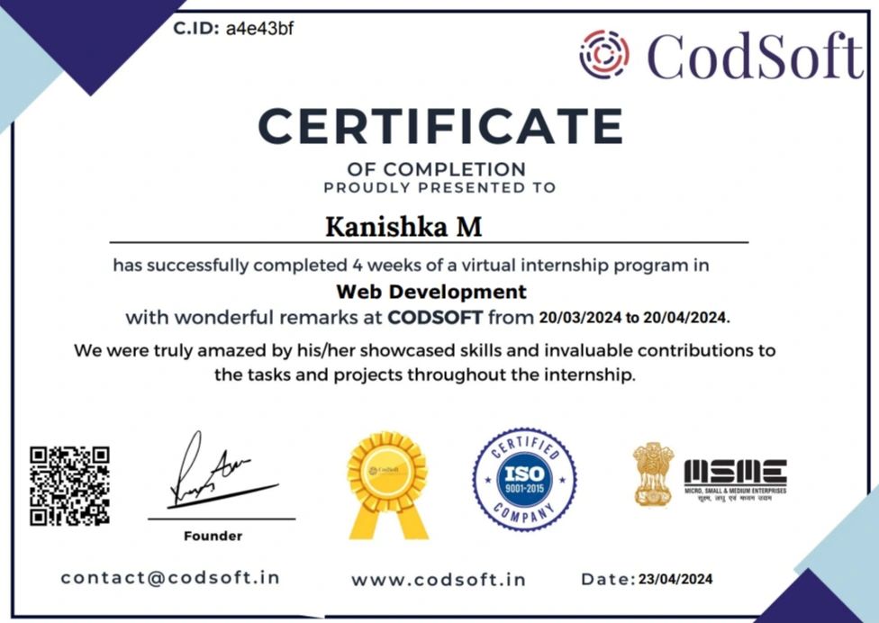 Kanishka M on LinkedIn: #codsoft #webdeveloper Kanishka M on LinkedIn: #codsoft #webdeveloper
