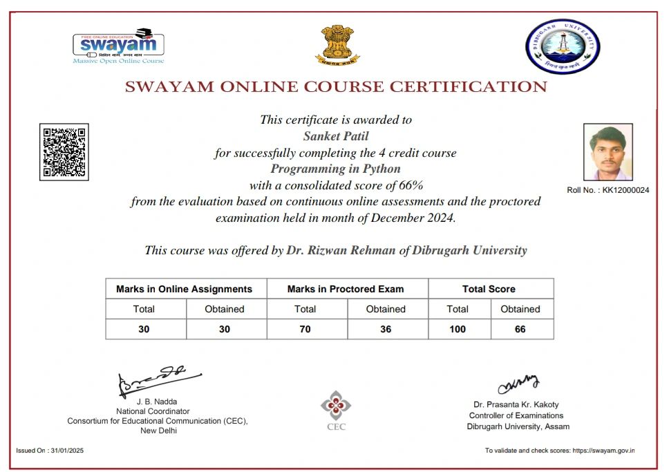 #python #programming #nptel #learning #achievement | Sanket Patil #python #programming #nptel #learning #achievement | Sanket Patil
