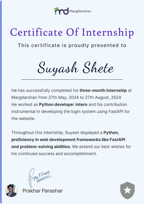 Suyash Shete on LinkedIn: #internship #fastapi #python | 12 comments Suyash Shete on LinkedIn: #internship #fastapi #python | 12 comments