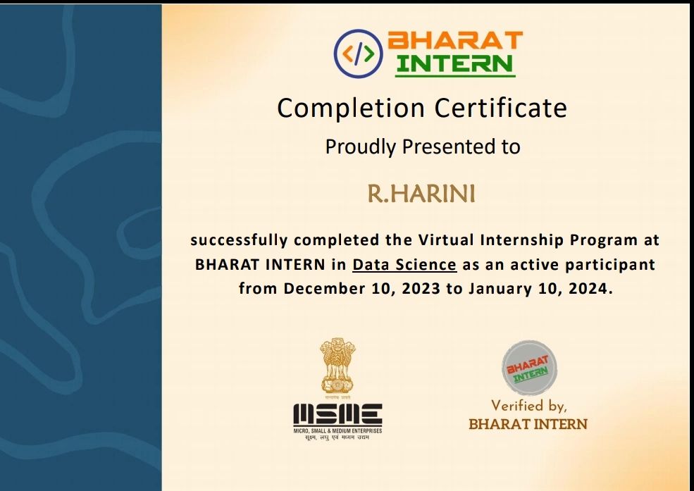 Finished data science internship with Bharat Intern | Harini R posted ... Finished data science internship with Bharat Intern | Harini R posted ...