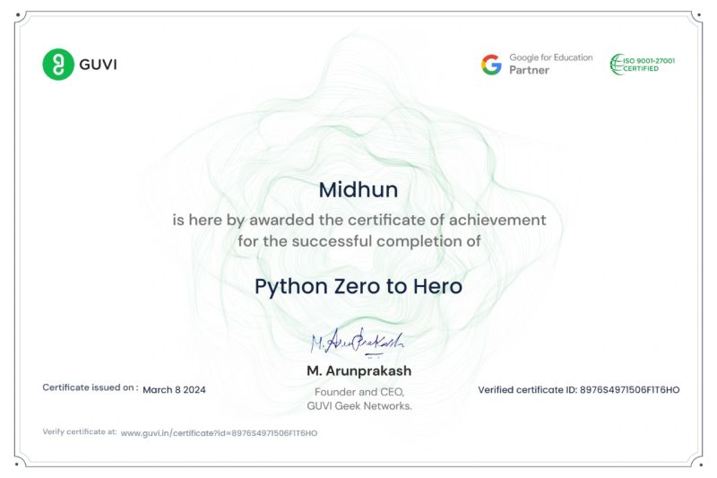 Mithun . M on LinkedIn: completion of the course python zero to hero by ... Mithun . M on LinkedIn: completion of the course python zero to hero by ...