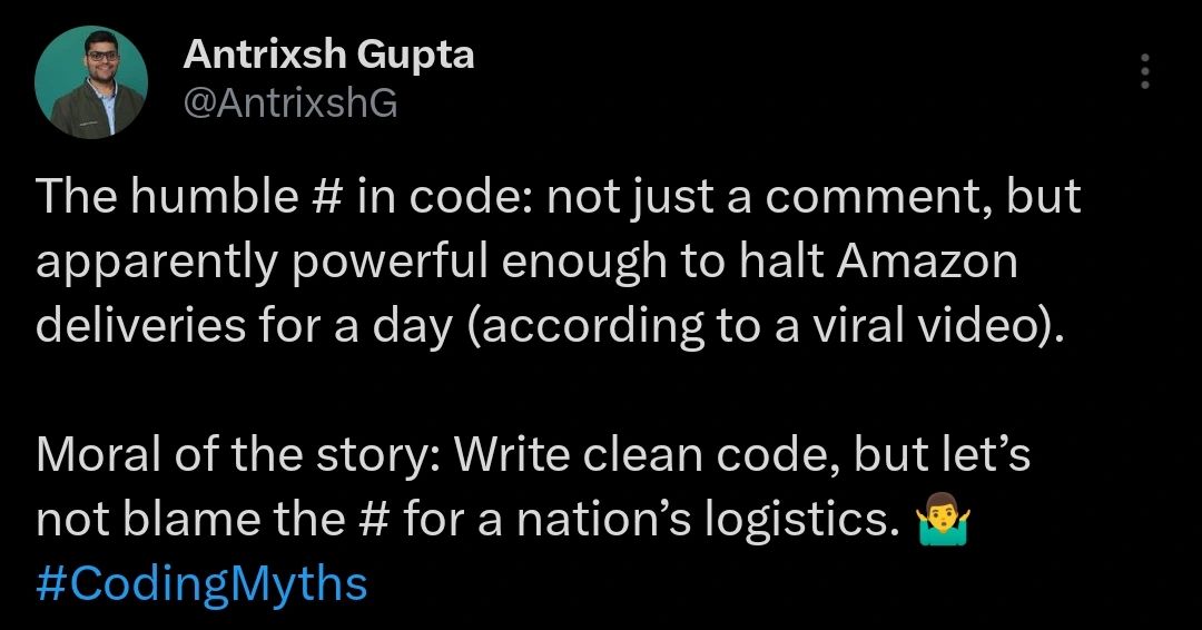 Antrixsh Gupta, PhD on LinkedIn: #cleancode #programminglife #codequality Antrixsh Gupta, PhD on LinkedIn: #cleancode #programminglife #codequality