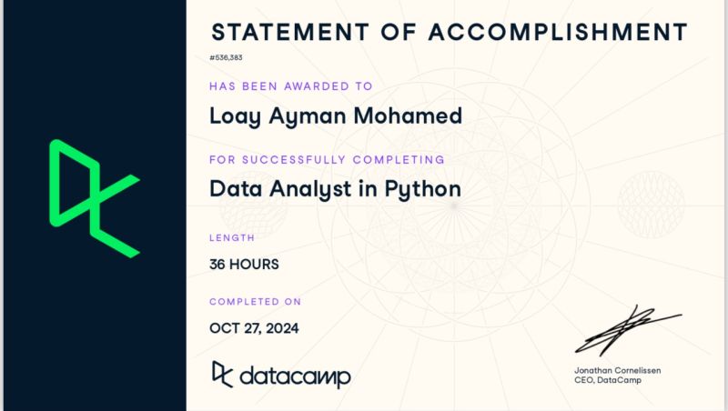 Loay Ayman on LinkedIn: #dataanalysis #python #datacamp #learning # ... Loay Ayman on LinkedIn: #dataanalysis #python #datacamp #learning # ...