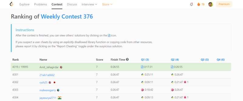 Secured 4319th rank in LeetCode Weekly Contest | Amit Jahagirdar posted ... Secured 4319th rank in LeetCode Weekly Contest | Amit Jahagirdar posted ...