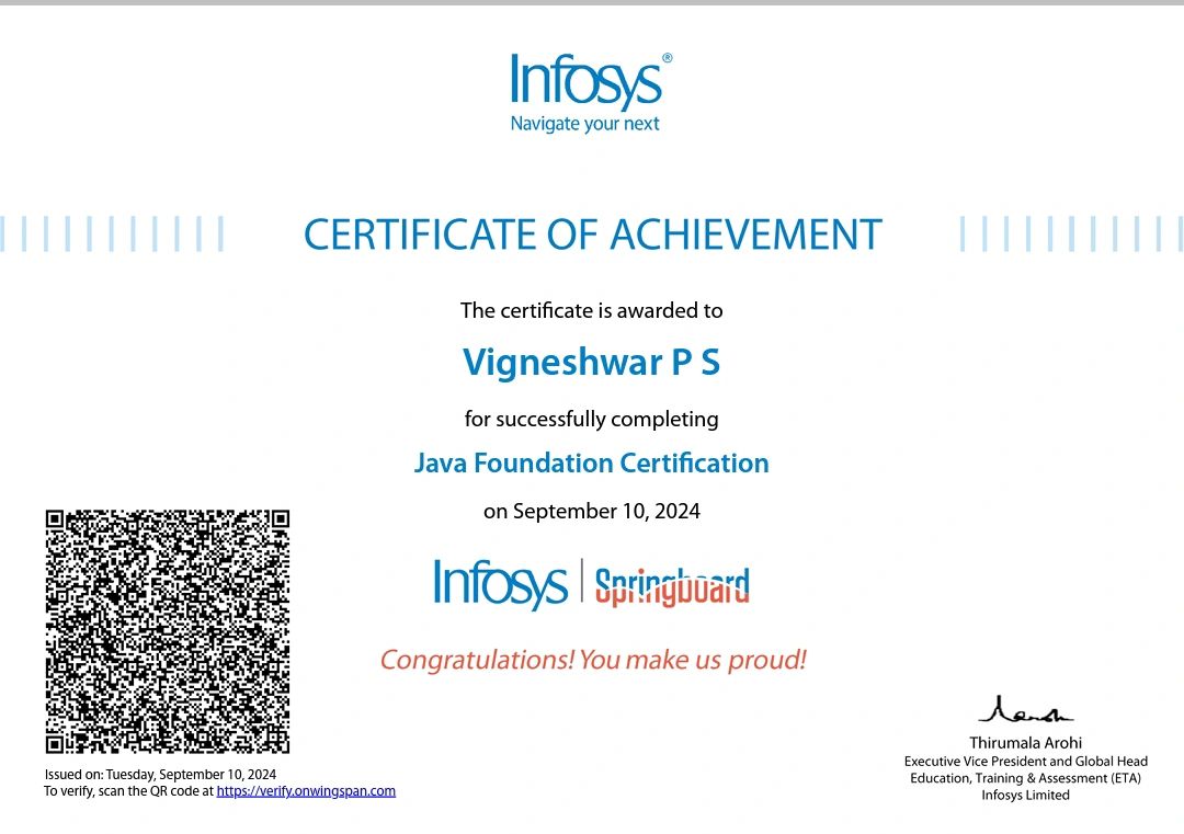 Vigneshwar Prakash on LinkedIn: #javafoundation #certified # ... Vigneshwar Prakash on LinkedIn: #javafoundation #certified # ...