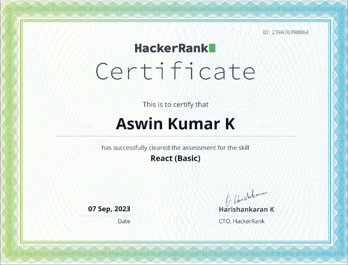 Aswin Kumar K on LinkedIn: #hackerrankcertified #reactjs #webdevelopement Aswin Kumar K on LinkedIn: #hackerrankcertified #reactjs #webdevelopement