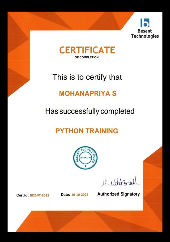 MOHANAPRIYA SARAVANAN on LinkedIn: Successfully completed My Python ... MOHANAPRIYA SARAVANAN on LinkedIn: Successfully completed My Python ...