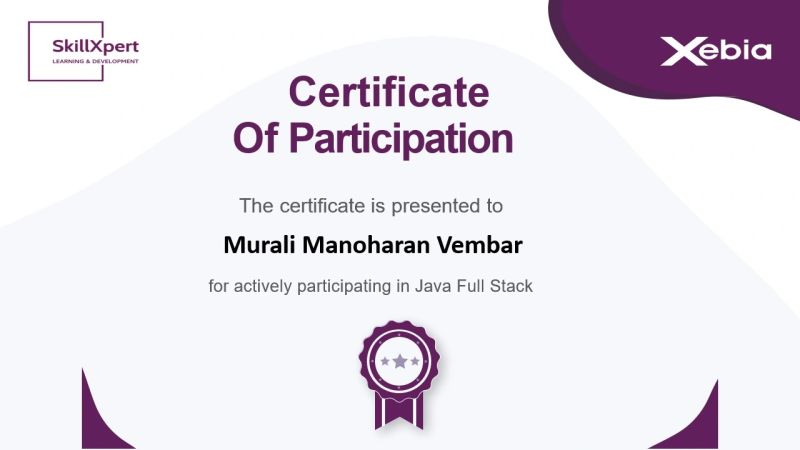#java #fullstackjava #certification #skillxpert #xebia | Murali Manoharan V #java #fullstackjava #certification #skillxpert #xebia | Murali Manoharan V